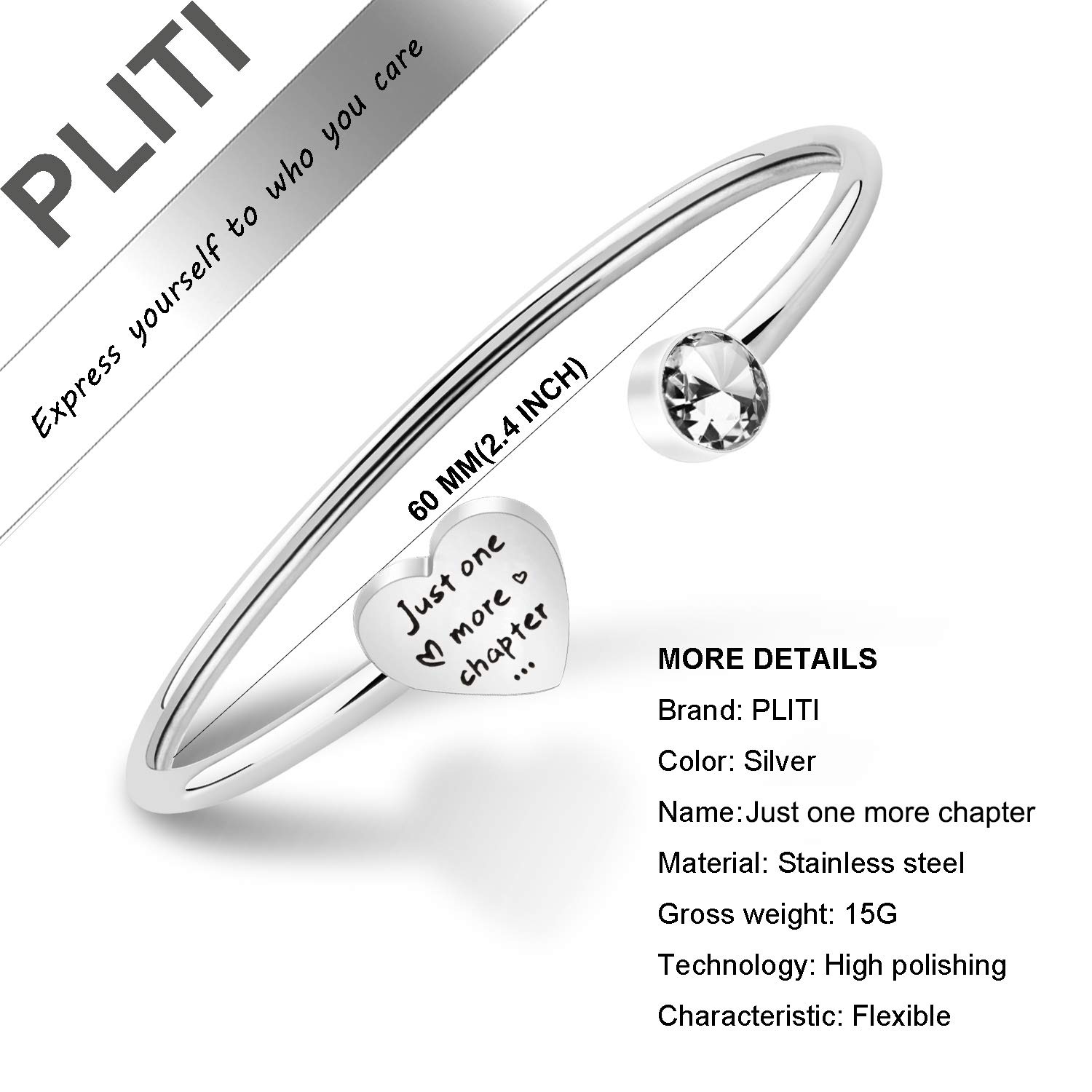 PLITI Bookworm Gift Just One More Chapter Open Cuff Bangle Book Lover Reader Librarian Teacher Jewelry Gift (Just One More Chapter Bracelet)