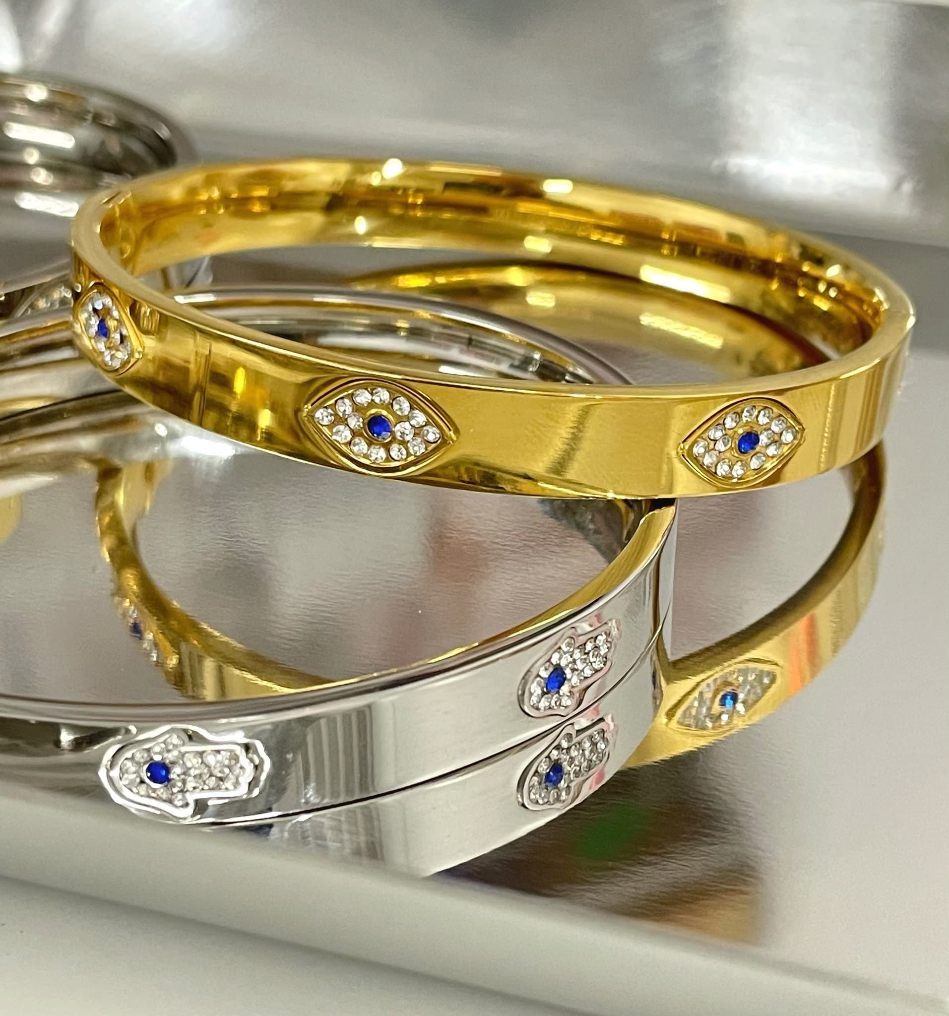 My Daily Styles Stainless Steel White Blue CZ Hamsa Good Luck Bangle Bracelet, 7.5" (White/Evil Eye)