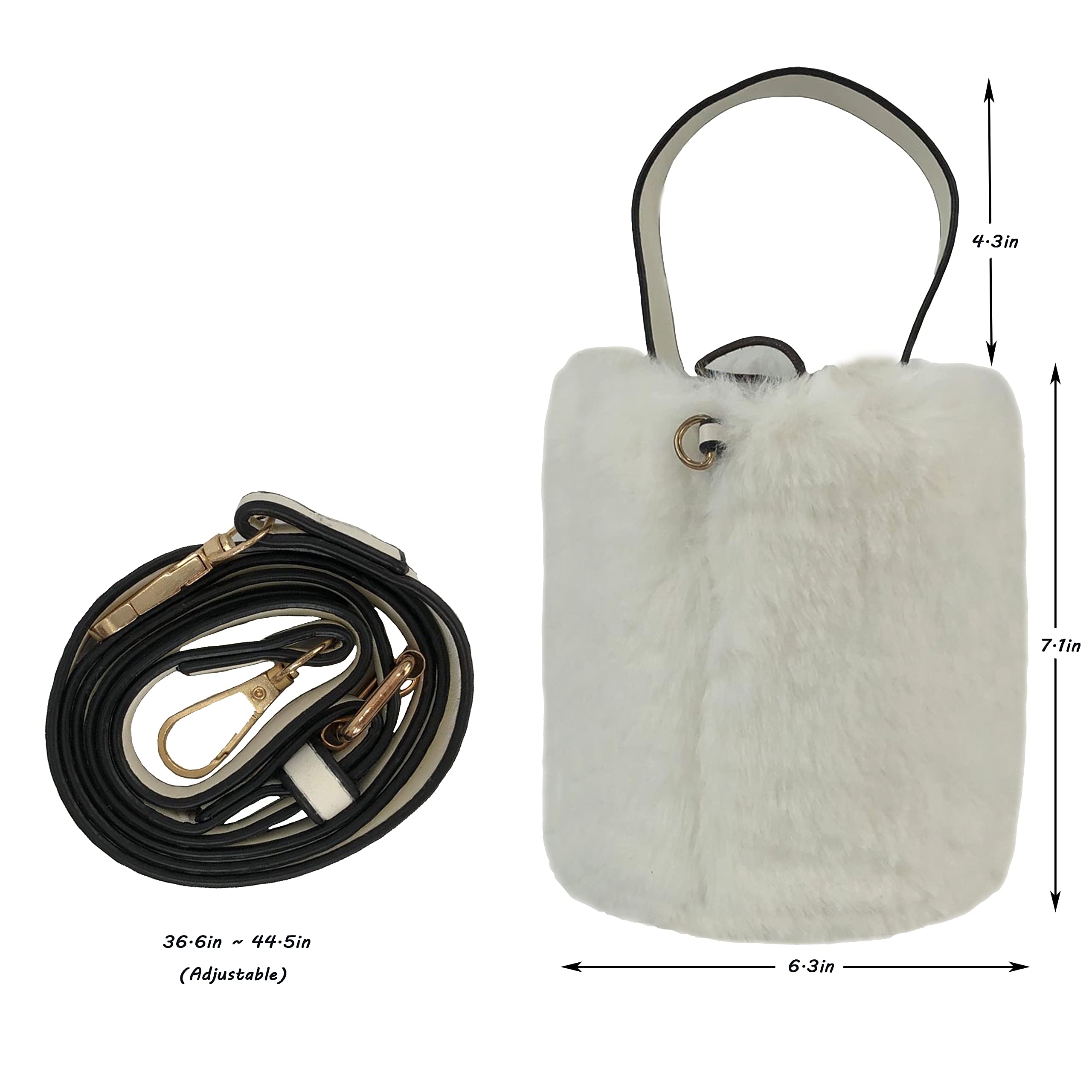 TANJUR Plush Cylinder Bucket Bag Women Vogue Handbag Faux Leather Top-Handle Tote Shoulder Bag (White)
