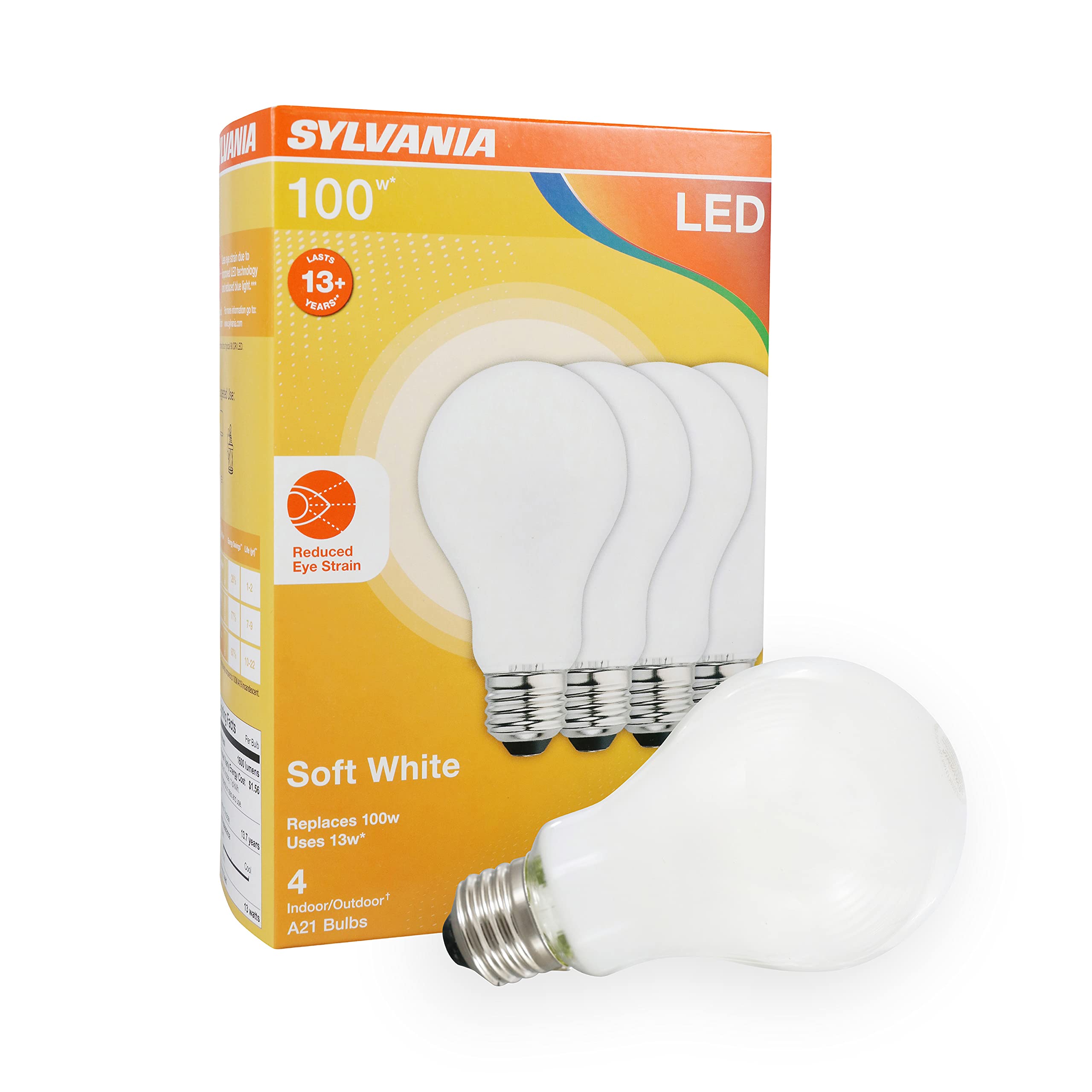 Sylvania Reduced Eye Strain A21 LED Light Bulb, 100W = 13W, 13 Year, Dimmable, Frosted, 2700K, Soft White - 4 Pack (40657)