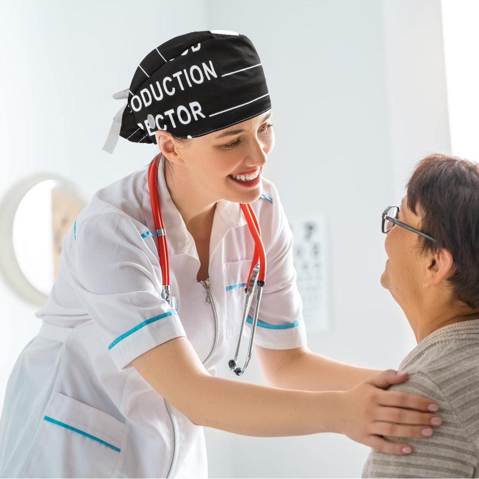 Nurse Scrub Caps Long Hair,Movie Cinema Lapper Board Adjustable Working Cap with Buttons and Bow Hair Scrunchie