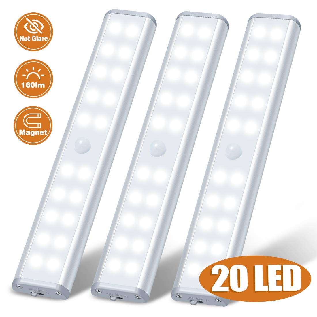 PRIORARE Under Cabinet Lighting Battery Operated Motion Sensor Closet Lights, Wireless Under Counter Lights with 20 LEDs for Kitchen/Cupboard/Stair/Drawer/Refrigerator (3 Packs)…