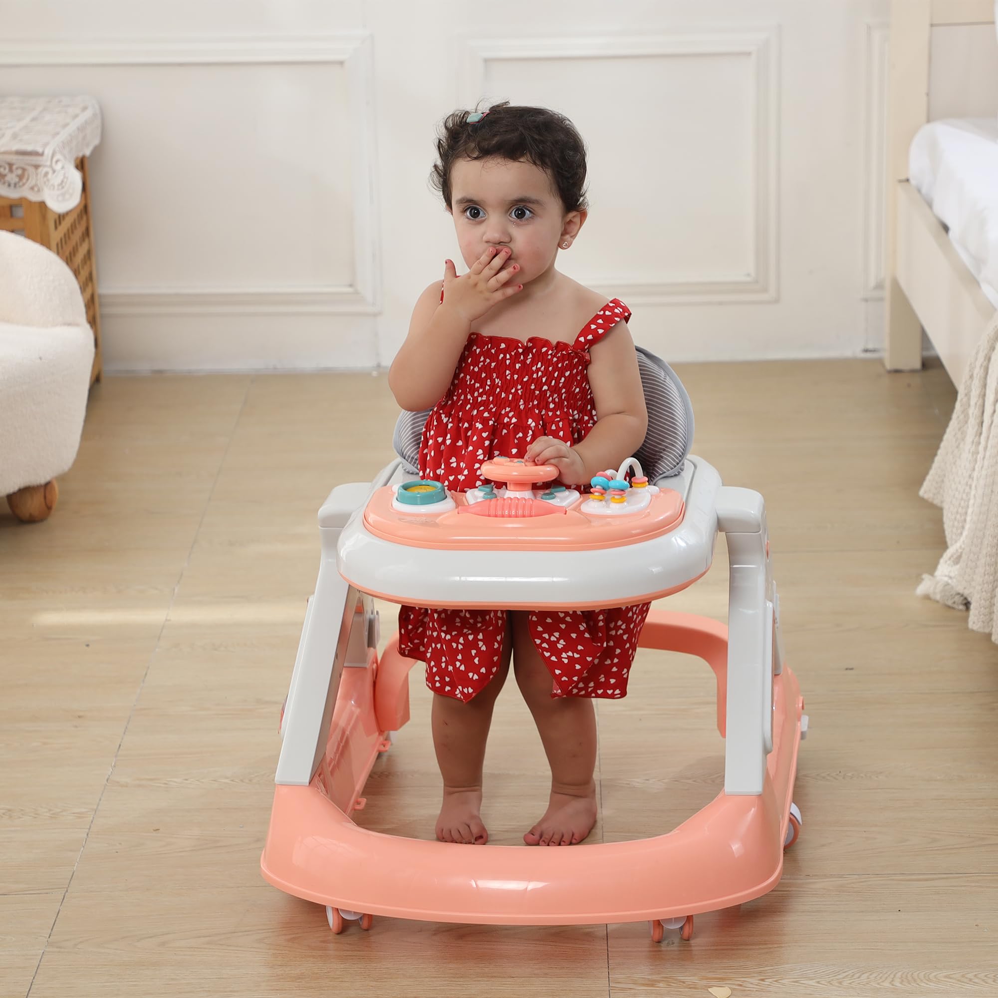 Marzviyia 5-in-1 Baby Walker with Wheels, Baby Push Walkers with Adjustable Height & Speed, Building Block Table, Pink