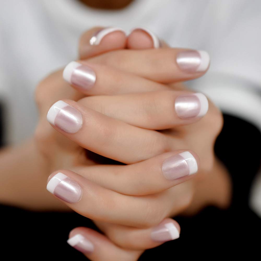 Pearl Shine Pink French Nail Press On Nails for Daily Wear White Round Fake Nails Short Glossy Satin Artificial Lady Fingernails with Adhesive Tabs