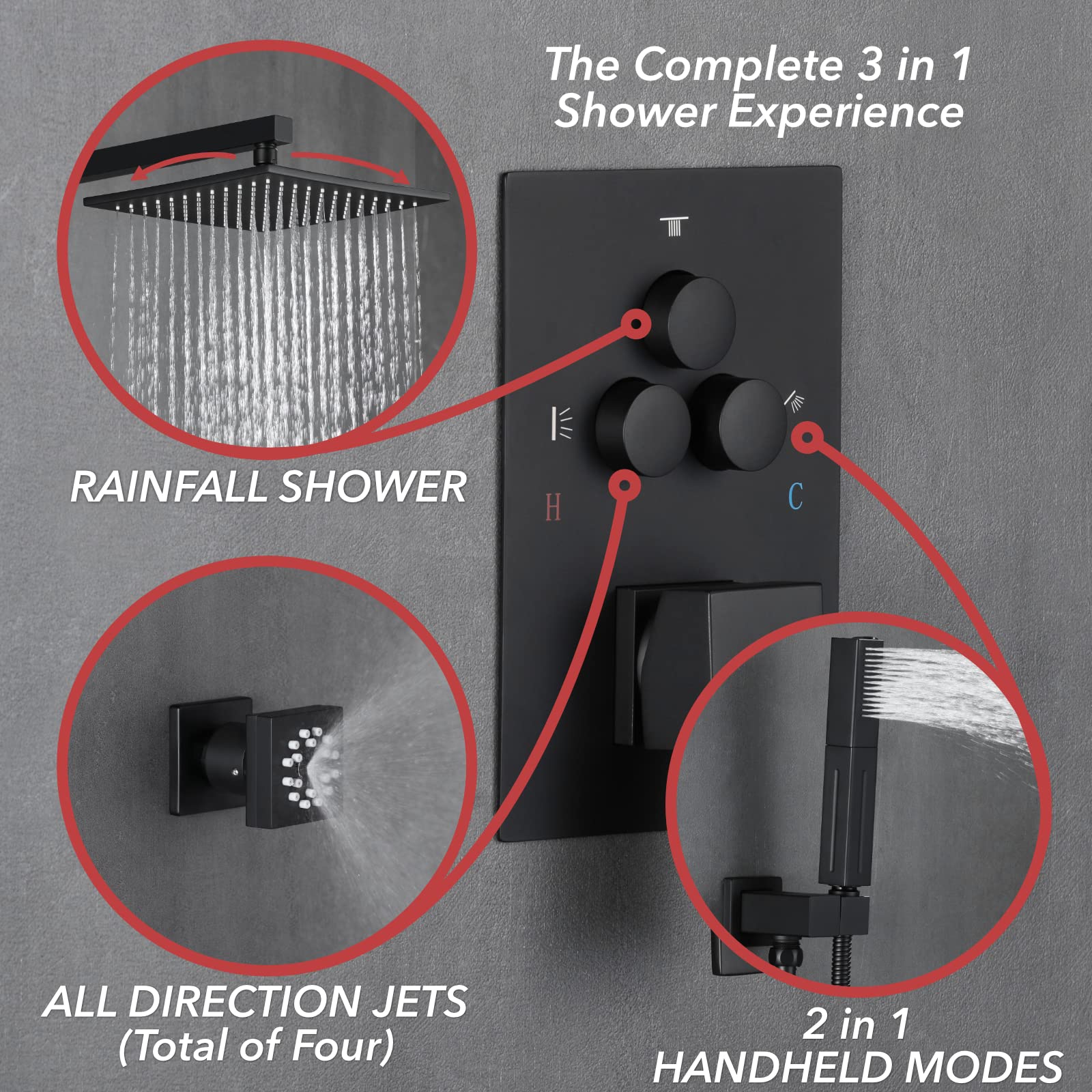 VANFOXLE Shower Faucets Sets Complete Matte Black Shower System,Push Button Diverter Shower Faucet with 2 in 1 Handheld,10 Inch Shower Head with 4 PCS Dual Modes Body Jets(2 Inch)