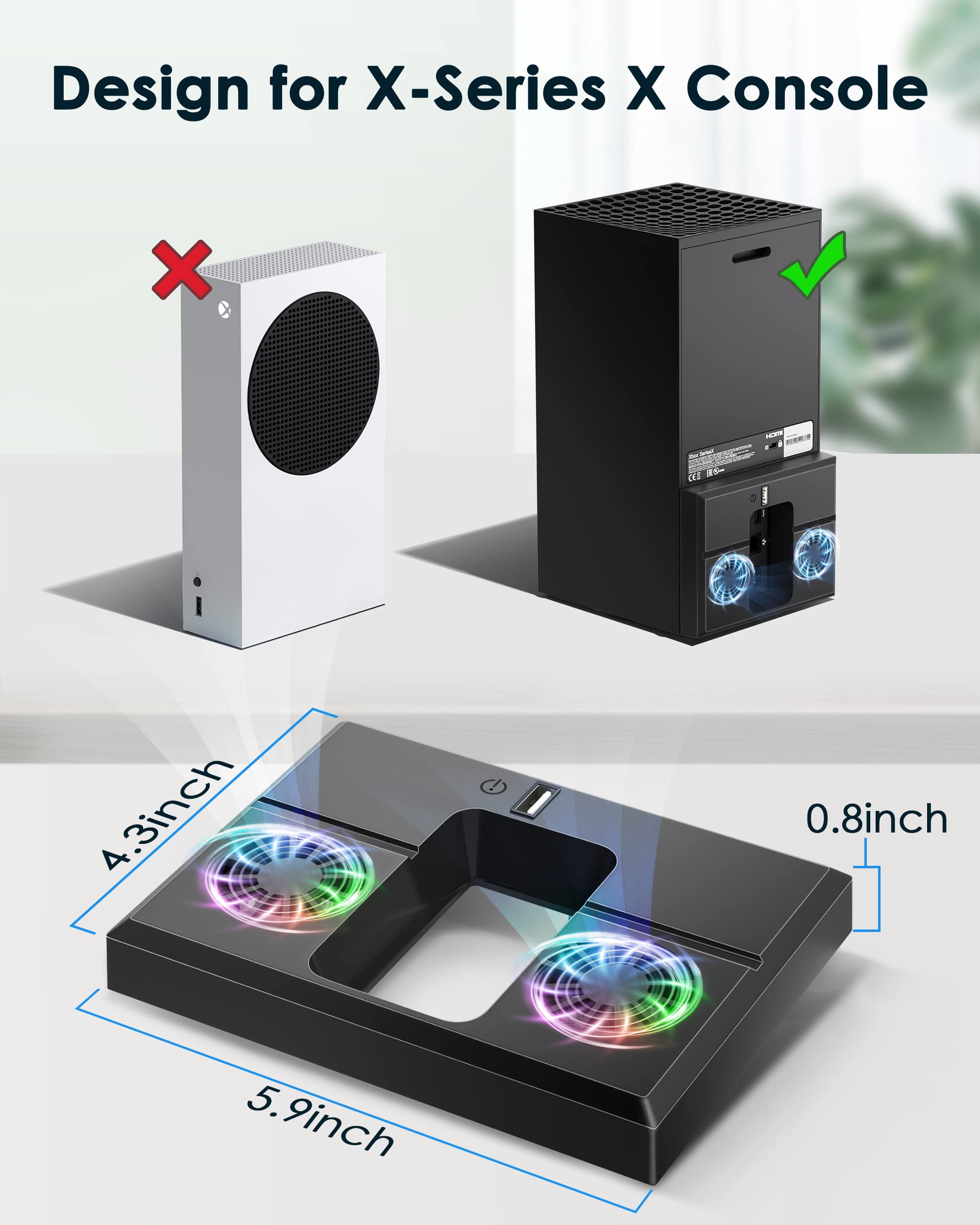 Top & Vertical Cooling Fan for Xbox Series X with RGB LED Light, Wiilkac Adjustable Speed Cooler Fan System, Low Noise, Cooling Fan with Independent Fan Touch Switch Upgraded Cooling Accessories for X