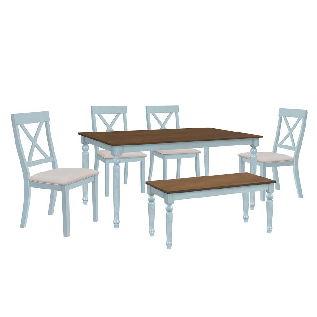 MJWDP 6 Piece Wooden Kitchen Dining Table Set with 1 Bench and 4 Upholstered Chairs, Light Green