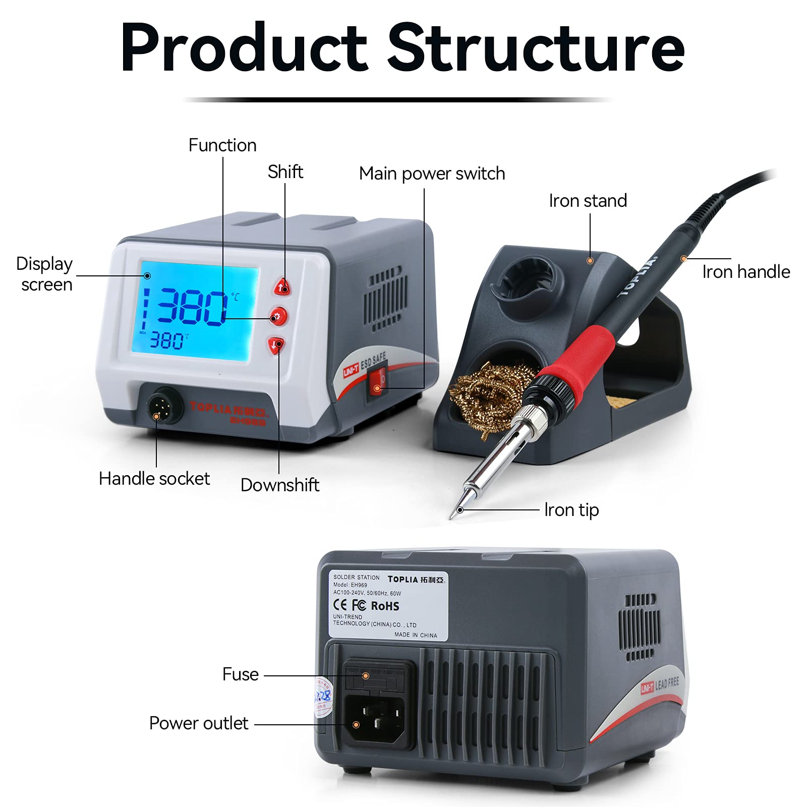 Soldering Station, UNI-T Large LED Display Digital Soldering Iron Kit, 356℉-896℉ Temperature Control;New Type of Drive Circuit Design,Fast Heating Speed; Password Lock; Short Circuited Protection;Gift