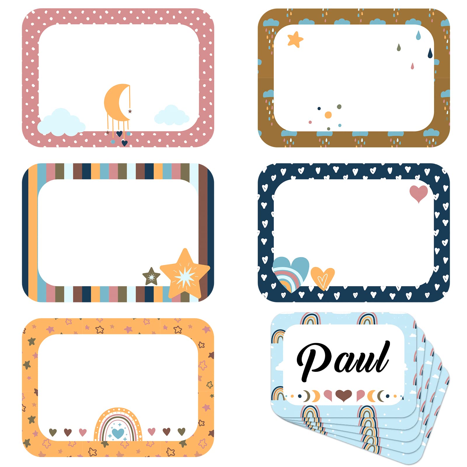 Nezyo 144 Pieces Rainbow Name Tag Stickers for Kids Students Rainbow Adhesive Name Stickers Tag Desk Labels in 6 Designs for Classroom School Office, 3.5 x 2.5 Inches (Modern Style)