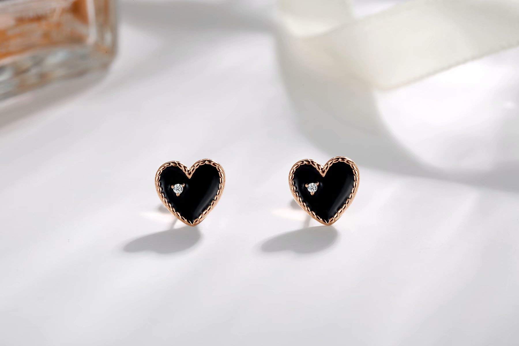 Qings Rose Gold Black Heart Stud Earrings 925 Sterling Silver Exquisite Sparkling Star Cubic Zircon as Birthday Gift for Women