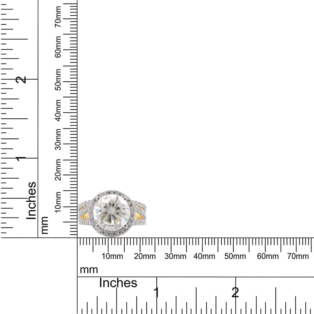 SAVEARTH DIAMONDS Split Shank Design, 4 1/2 cttw Center 10MM Round Cut Lab Created Moissanite Diamond Halo Bridal Set Ring 10K Solid Yellow Gold (VVS1 Clarity, 4.50 Cttw)-7.5