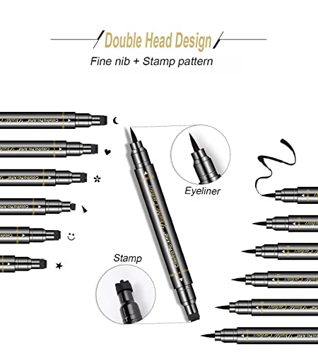 SUMEITANG 6 Pcs Double-headed Eyeliner Stamps Set Black Liquid Eye Liner Pen With Star,Moon,Heart,Flower,Smiley,Triangle Stamp Stencils Shapes for Women Makeup Kit Long-Lasting Waterproof Smudgeproof