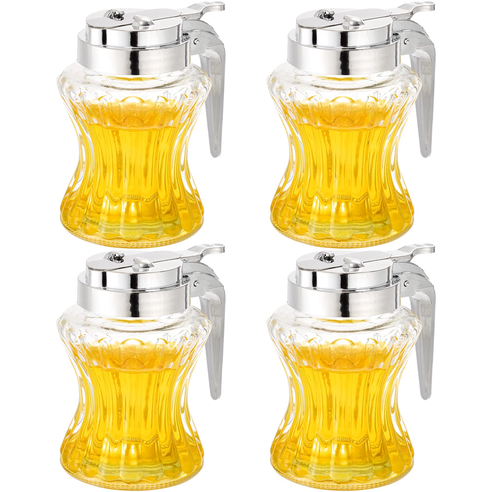 Mezchi 4 Pack Glass Syrup Dispenser, 6.5oz Maple Syrup Dispenser Holder with Retracting Spout, No Drip Honey Pot Containers Jar, Syrup Pour Bottle for Creamer