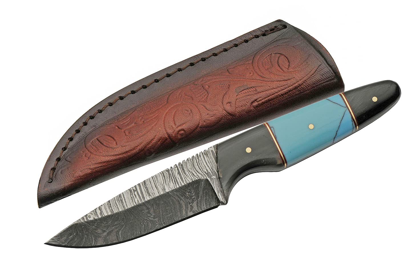 Szco Supplies 7.5" Horn/Turquoise Handle Damascus Steel Outdoor Hunting Knife with Sheath