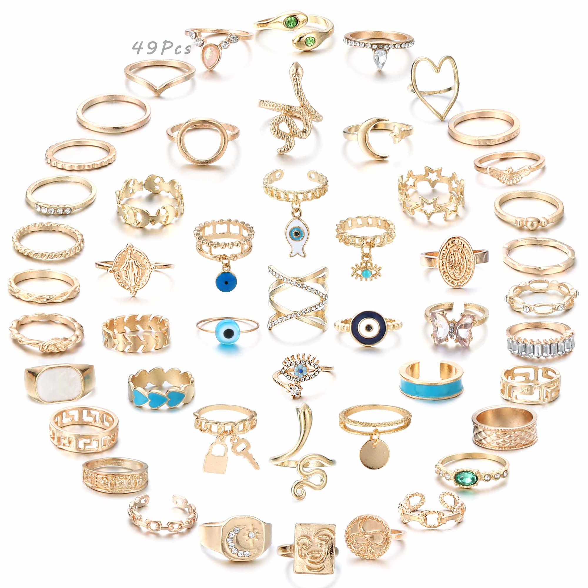 VALDEAS 49 PCS Gold Knuckle Rings for Women Evil Eye Stackable Rings Bohemian Retro Vintage Rings Boho Mid Finger Rings Set Hollow Carved Flowers Joint Finger Rings