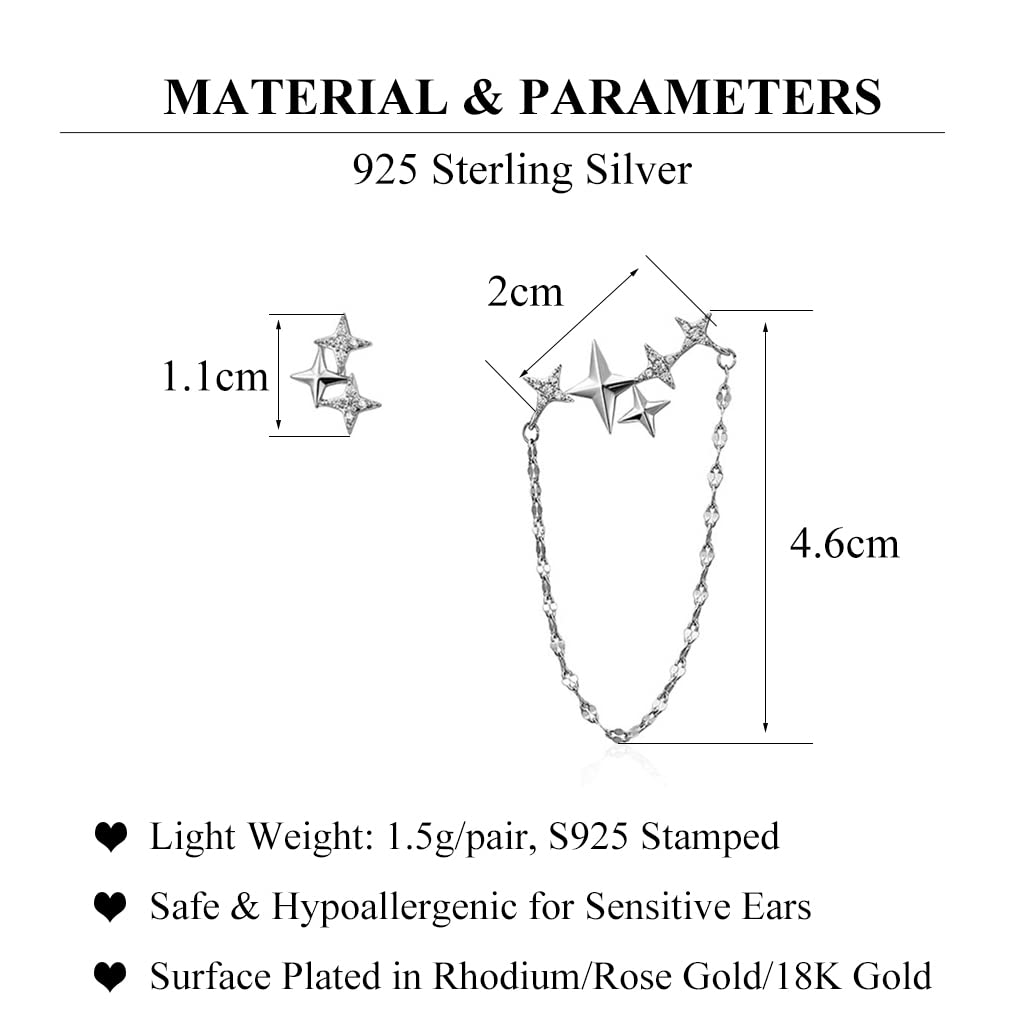 SLUYNZ 925 Sterling Silver Star Chain Studs Earrings for Women Star Crawler Earrings Studs Asymmetric