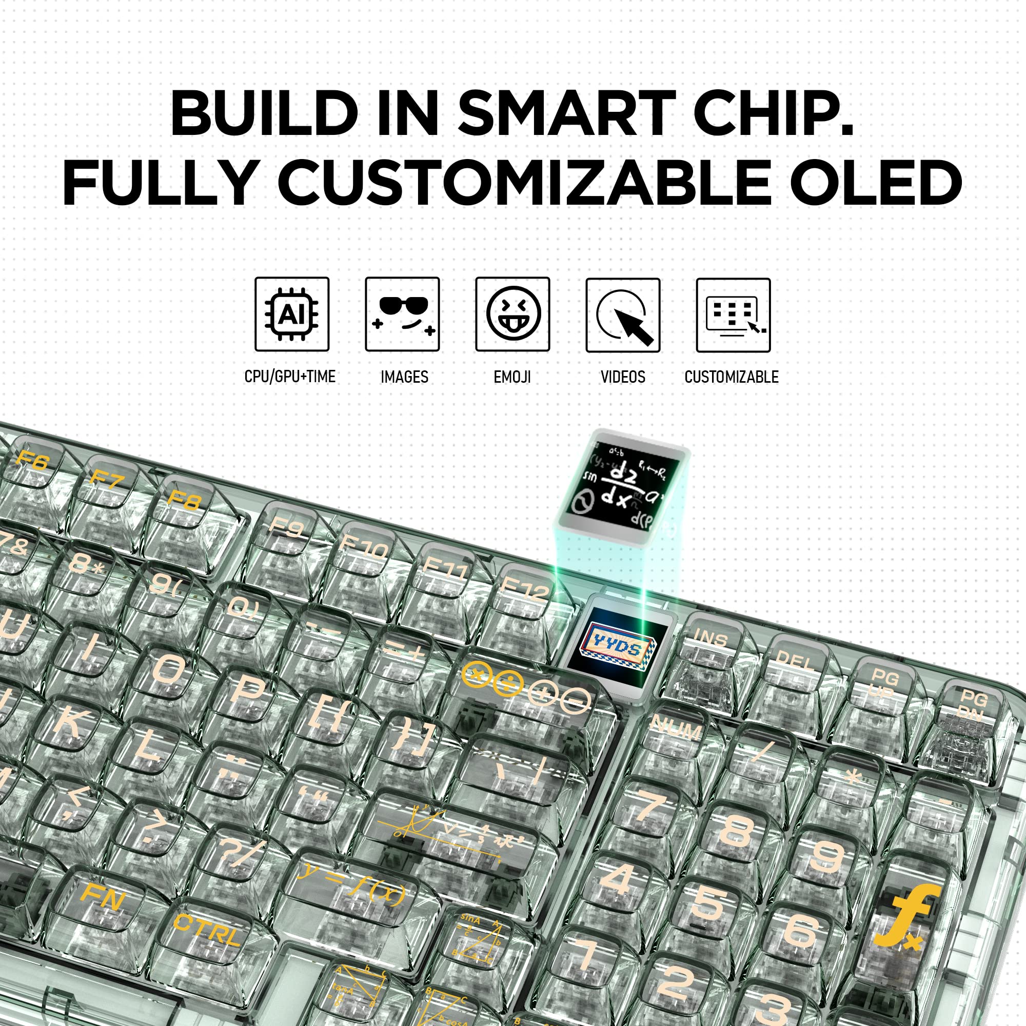 YUNZII CK98 Wireless Hot Swappable Mechanical Keyboard with OLED, 1800 Layout Transparent Acrylic Gasket Mounted Keyboard for for Windows/Mac (Ice Blade Switch, Math)