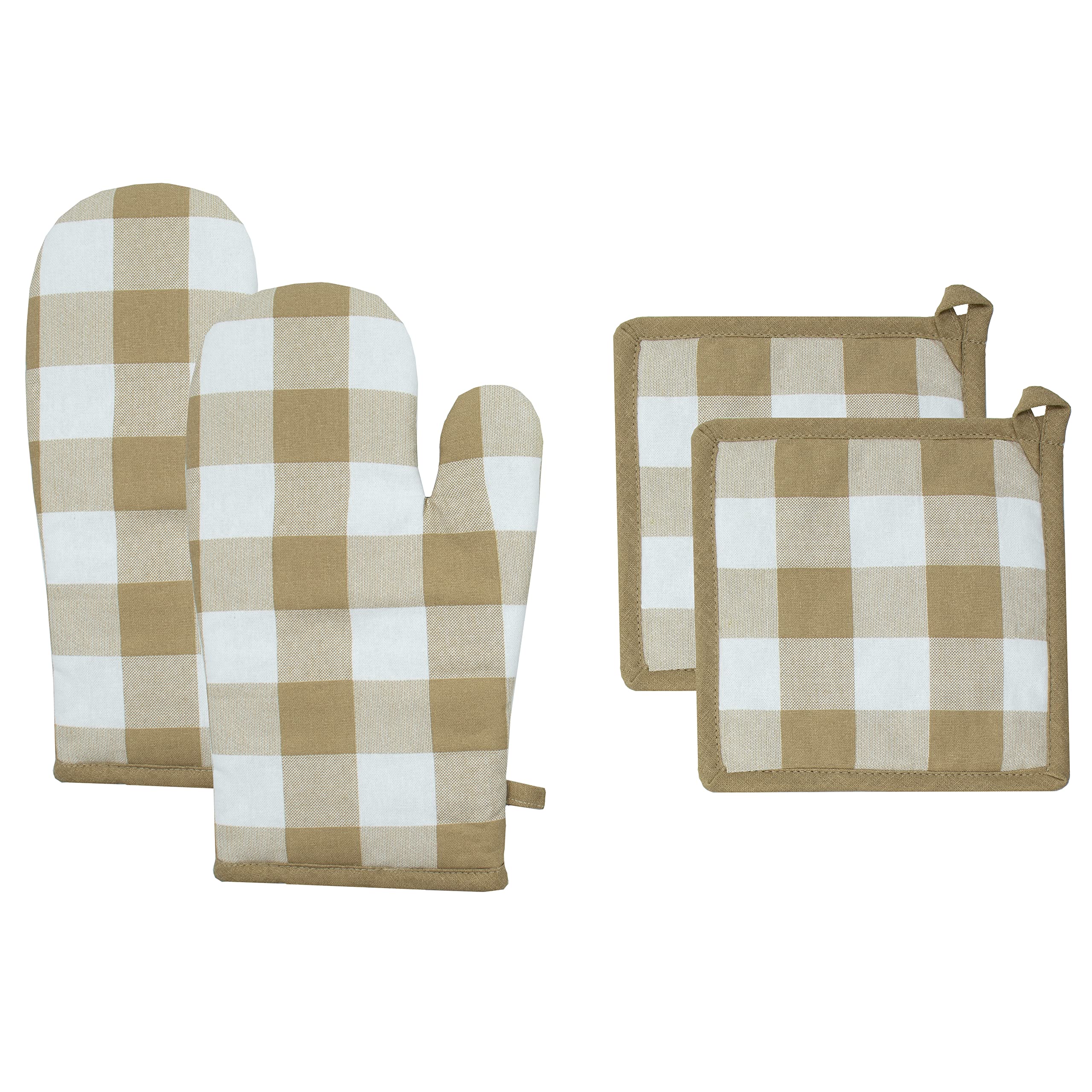 PurpleEssences Buffalo Check Kitchen Collection Pot Holders and Oven Mitts Sets with Hanging Loop - Heat Resistant Non-Slip Washable – Ideal Hot Pads for Cooking Baking BBQ - 4-Piece Set Beige/White