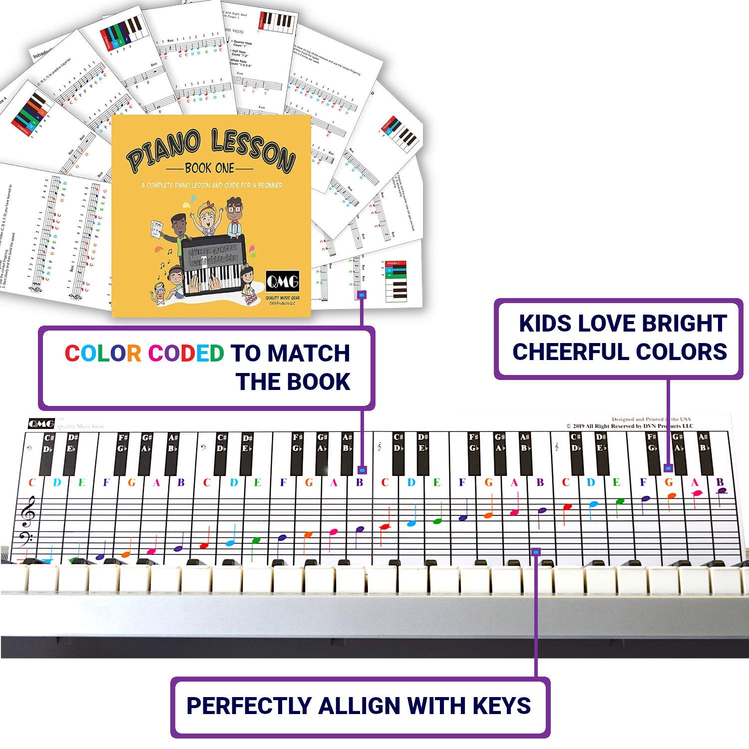 QMG Piano and Keyboard Note Chart and Complete Color Note Piano Music Lesson and Guide Book for Kids and Beginners