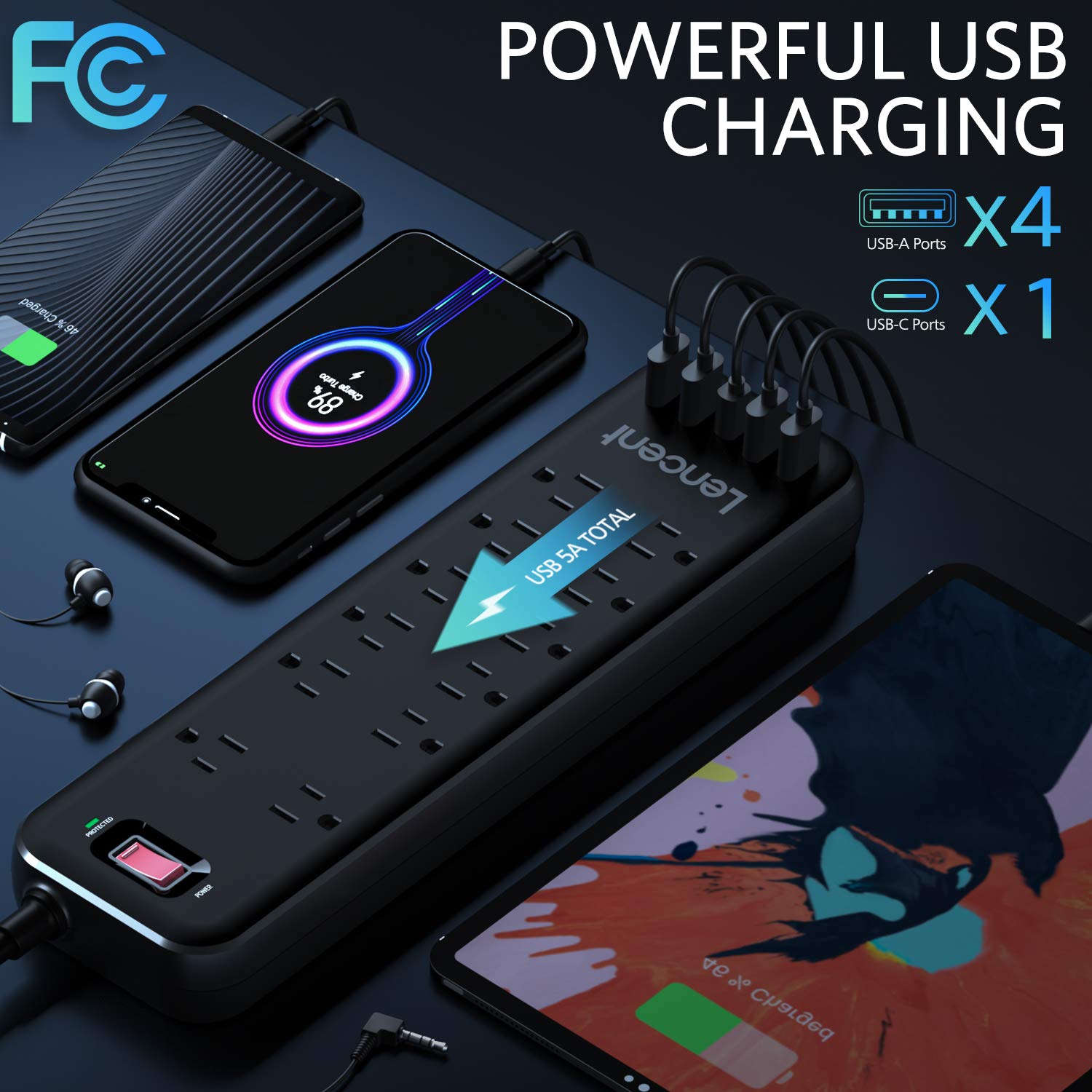 Power Strip, LENCENT Surge Protector with 12 Outlets & 5 USB Ports(4 USB-A & 1 USB-C), 6Ft Extension Cord (1875W/15A,3600J), Overload Protection, Mountable Flat Plug Power Bar Heavy Duty- ETL Listed