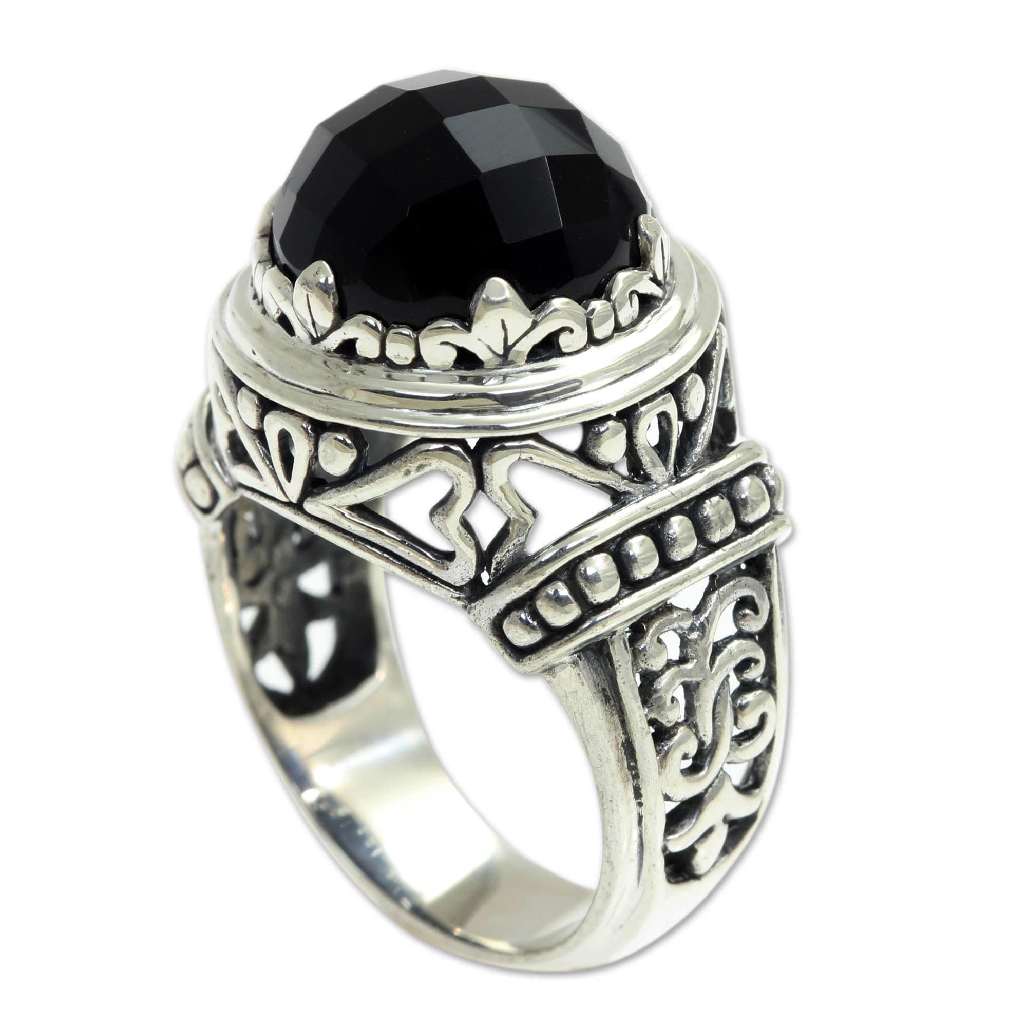 NOVICA Artisan Handmade .925 Sterling Silver Onyx Cocktail Ring Silver from Bali Sterling Single Stone Indonesia Birthstone 'Midnight Queen'
