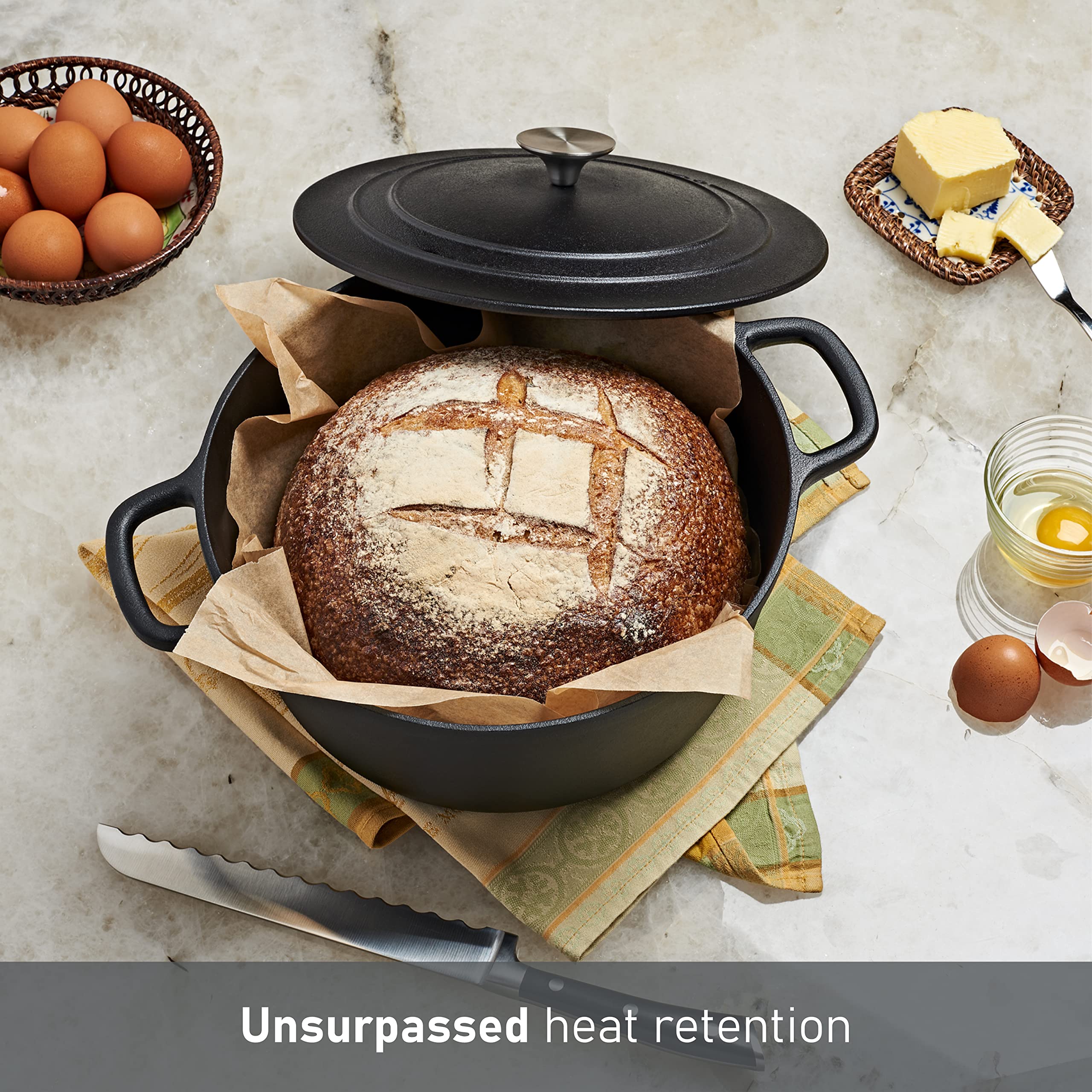MasterPRO Pre-Seasoned Cast Iron Dutch Oven Skillet - Cooking Pot with Lid for Indoor and Outdoor Use – BBQ Grill, Fire, Oven Safe Camping Cookware, 6 Quart, Black