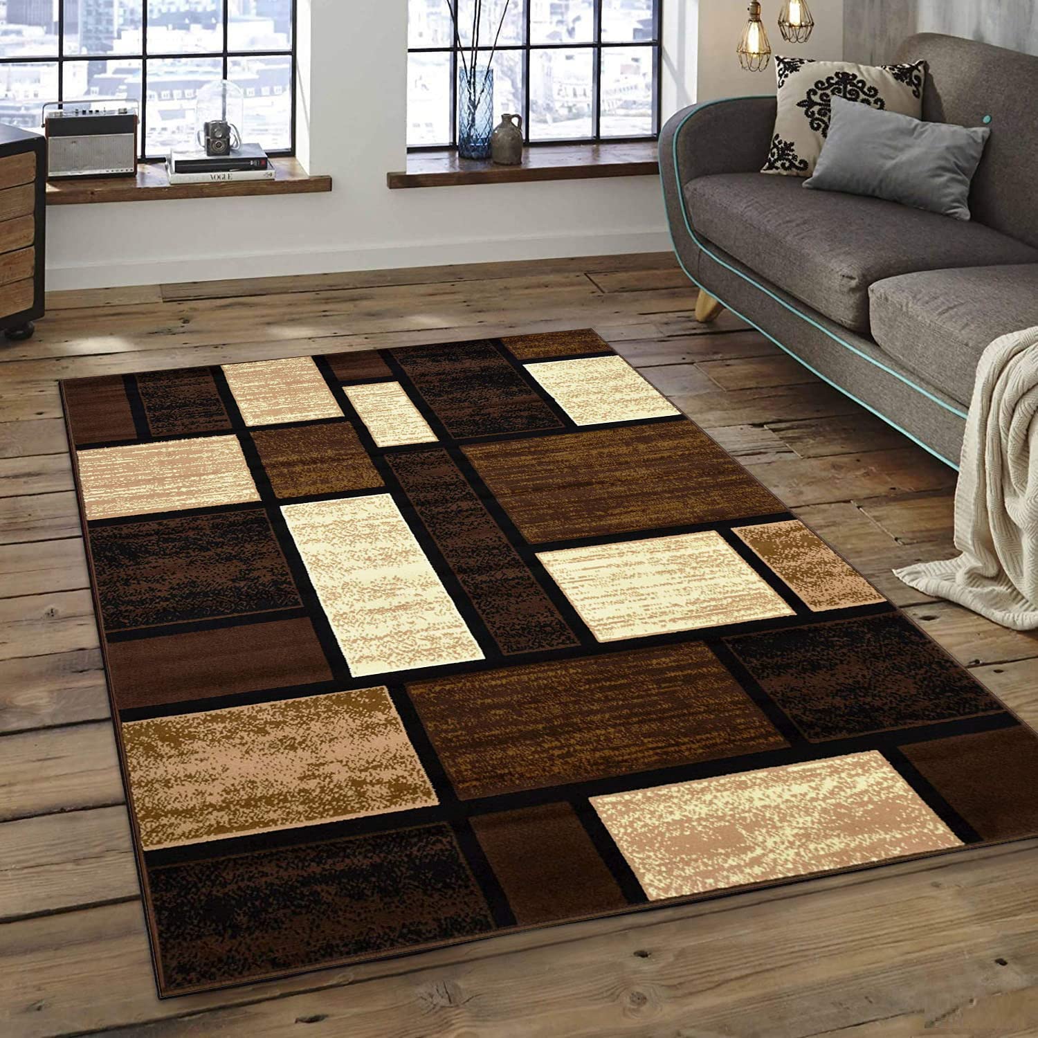 Modern Brown Contemporary Geometric Design Area Rug, Perfect Hardwood, Tile, or Carpet Cover, Ideal for Bedroom, Kitchen, Living Room, Entryway, or Office (2’ X 7’)
