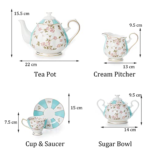 MOSTDEN Fine China 15-Piece Coffee Cup/Tea Cup Set,1 Teapot 1 Sugar Bowl 1 Cream Pitcher, 4 Cups And Saucers,4 Teaspoons Garden Series White-Blue (15 pack)