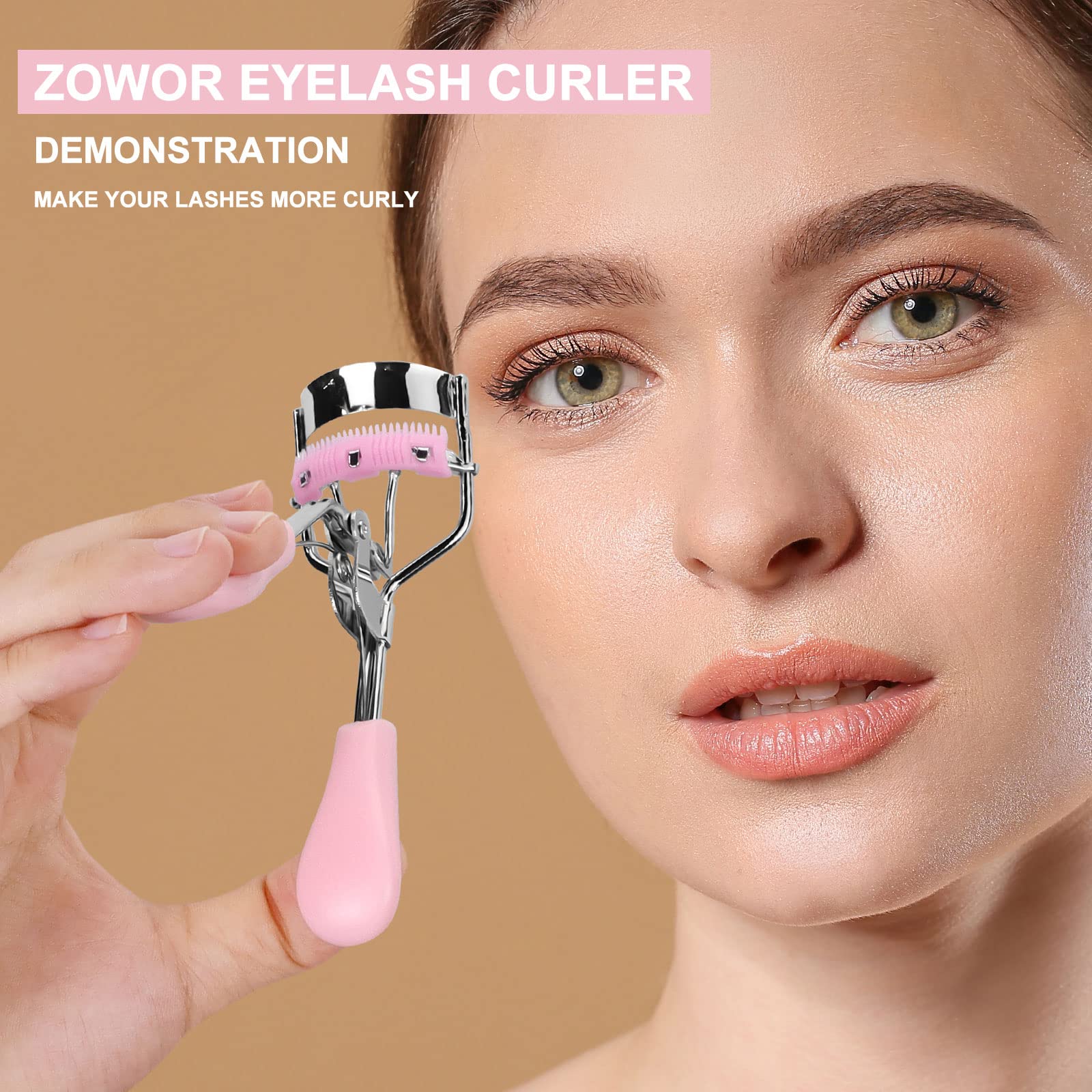 Zowor Eyelash Curler with 5PCS Silicone Refill Pad Fit All Eye Shape Curved Eyelash Curler,Natural and Long Lasting Lash Curler for Women Make Up Gift(Light Pink)