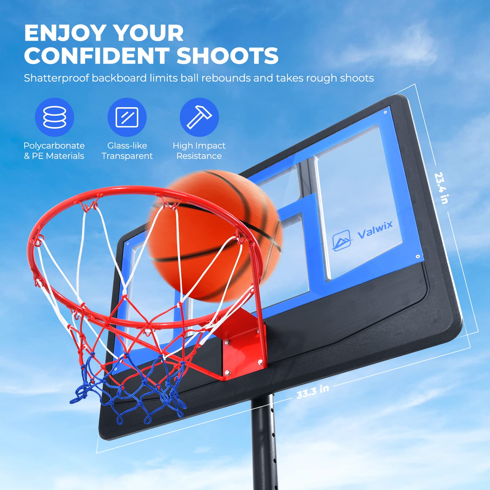 Valwix Swimming Pool Basketball Hoop with Base 47''-59'' Adjustable Height Poolside Basketball Hoop for Pool with 2 Balls and Pump