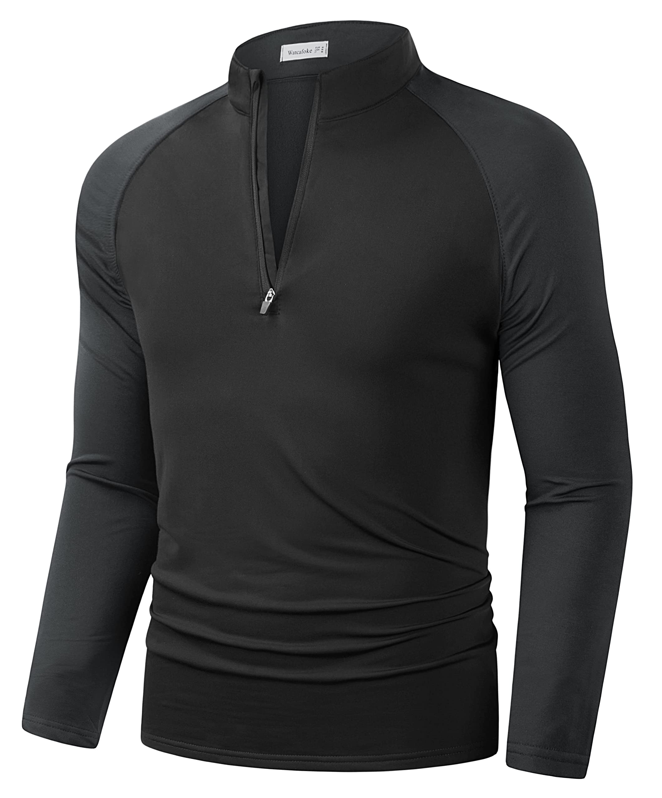 Wancafoke Men's Quarter Zip Long Sleeve Striped Pullover Slim Fit Thermal Outdoor Sweatshirt Black Grey