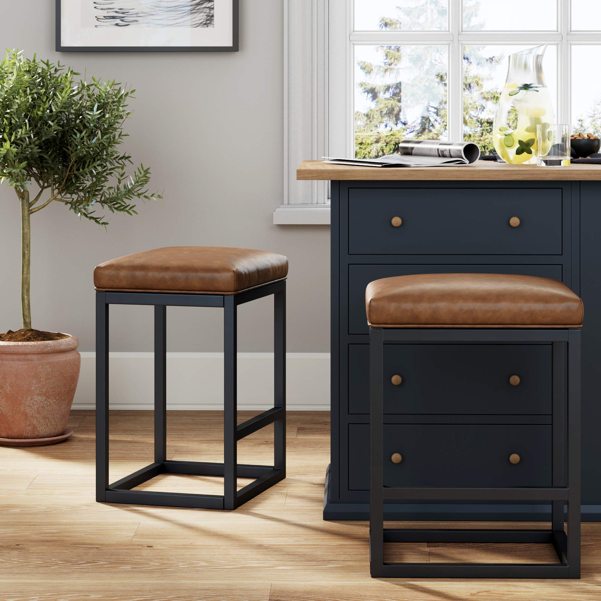 Nathan James Nelson Bar Stool with Leather Cushion and Metal Base, 24", Warm Brown/Black