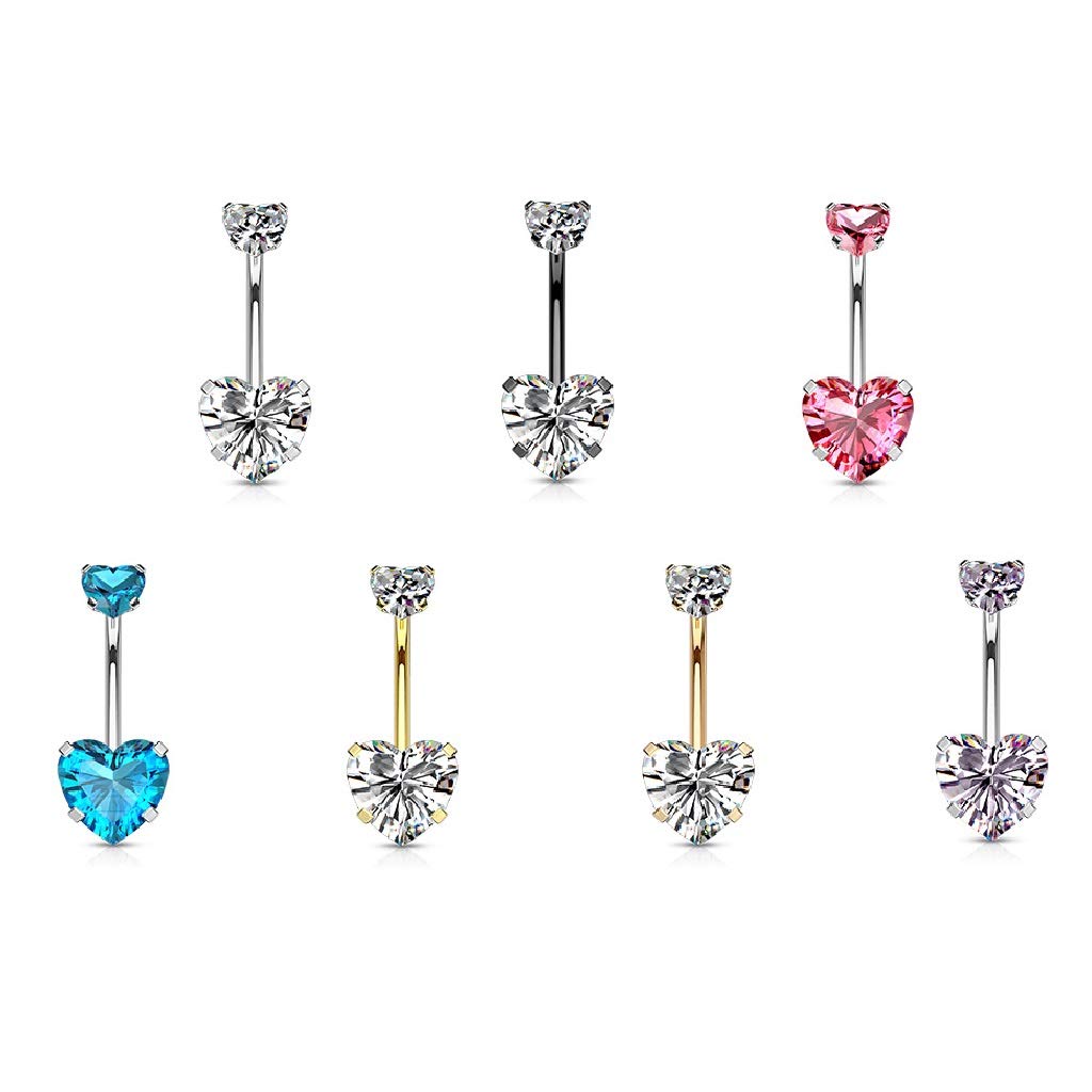 Pierced Owl 14GA Stainless Steel Internally Threaded Double Heart CZ Crystal Prong Set Belly Button Ring (Silver Tone/Pink)