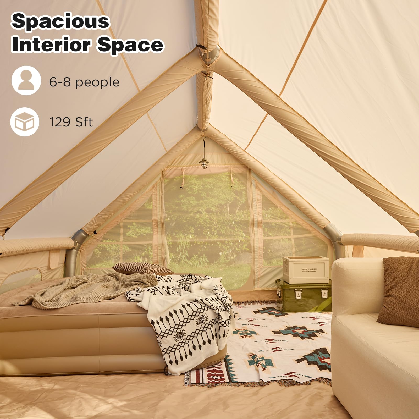 YOLENY Extra Large Inflatable Camping Tent, Glamping Tents Easy Setup 4 Season Windproof Outdoor Cotton Tent with Stove Jack & Mesh Windows & Pump