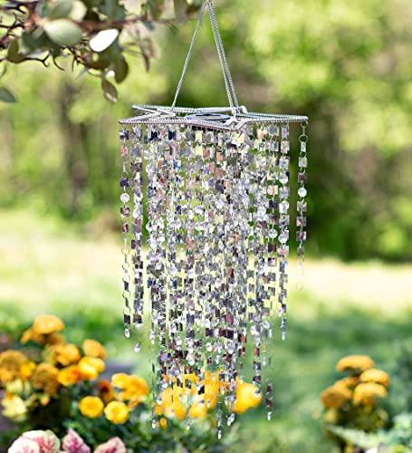 Wind & Weather 12-Inch Diameter by 29.5-Inch High Star-Shaped Mirrored Outdoor Chandelier with Solar Lights Powered by Discreet Solar Panel in Top with 9-Inch Long Hanging Chain Included