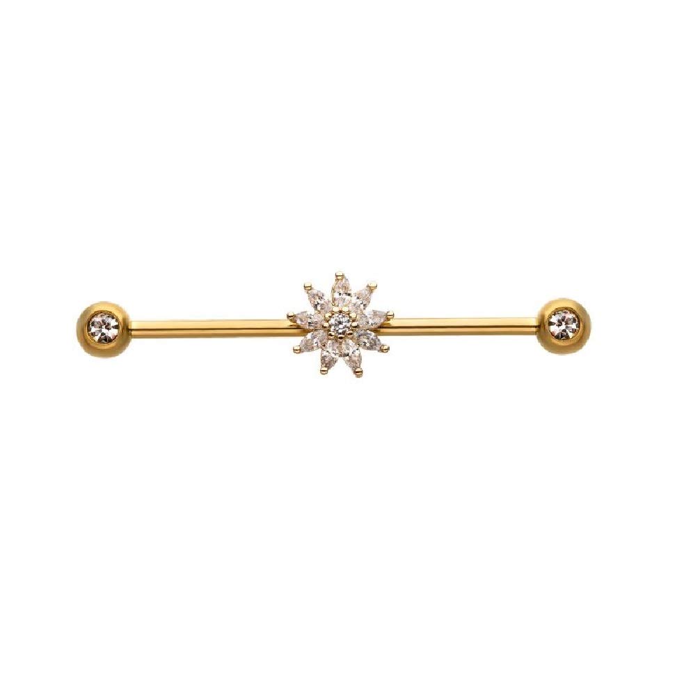 Pierced Owl 14GA Golden Tone Stainless Steel CZ Crystal Starburst Industrial Barbell