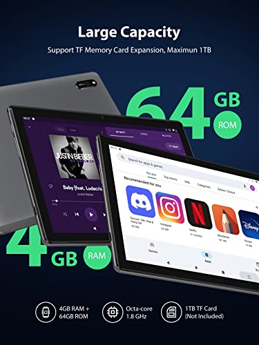 YUMKEM 10 inch Octa Core Tablet, 4GB RAM 64GB Storage, Android Tablet with Keyboard and Tablet Case, 10.1” IPS HD Display, Android OS, 6000 mAh Battery, Bluetooth, 5G Wi-Fi, GPS, FM, Dark Grey