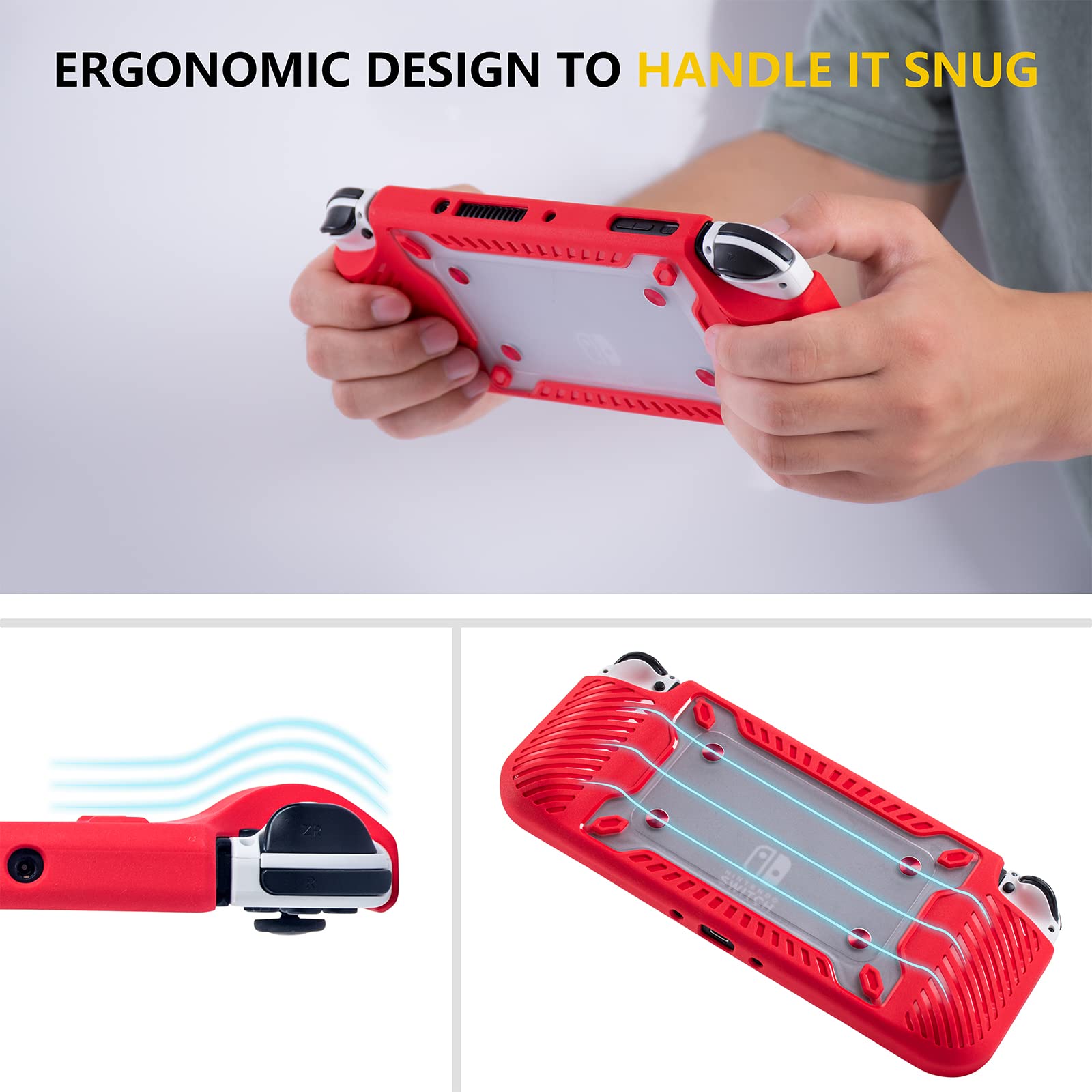 Teyomi TPU Protective Case for Nintendo Switch OLED Model, Ergonomic Grip Case with 5 Game Storage, Switch OLED Cover with Stand, Shockproof - Red