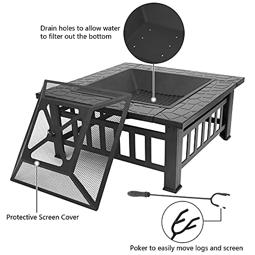 Multifunction Fire Pit Table w/Spark Screen, Fireplace Poker, Grate, Outdoor Fire Pits BBQ Bowl, Square Metal Firepit Table for Backyard Patio Bonfire Garden
