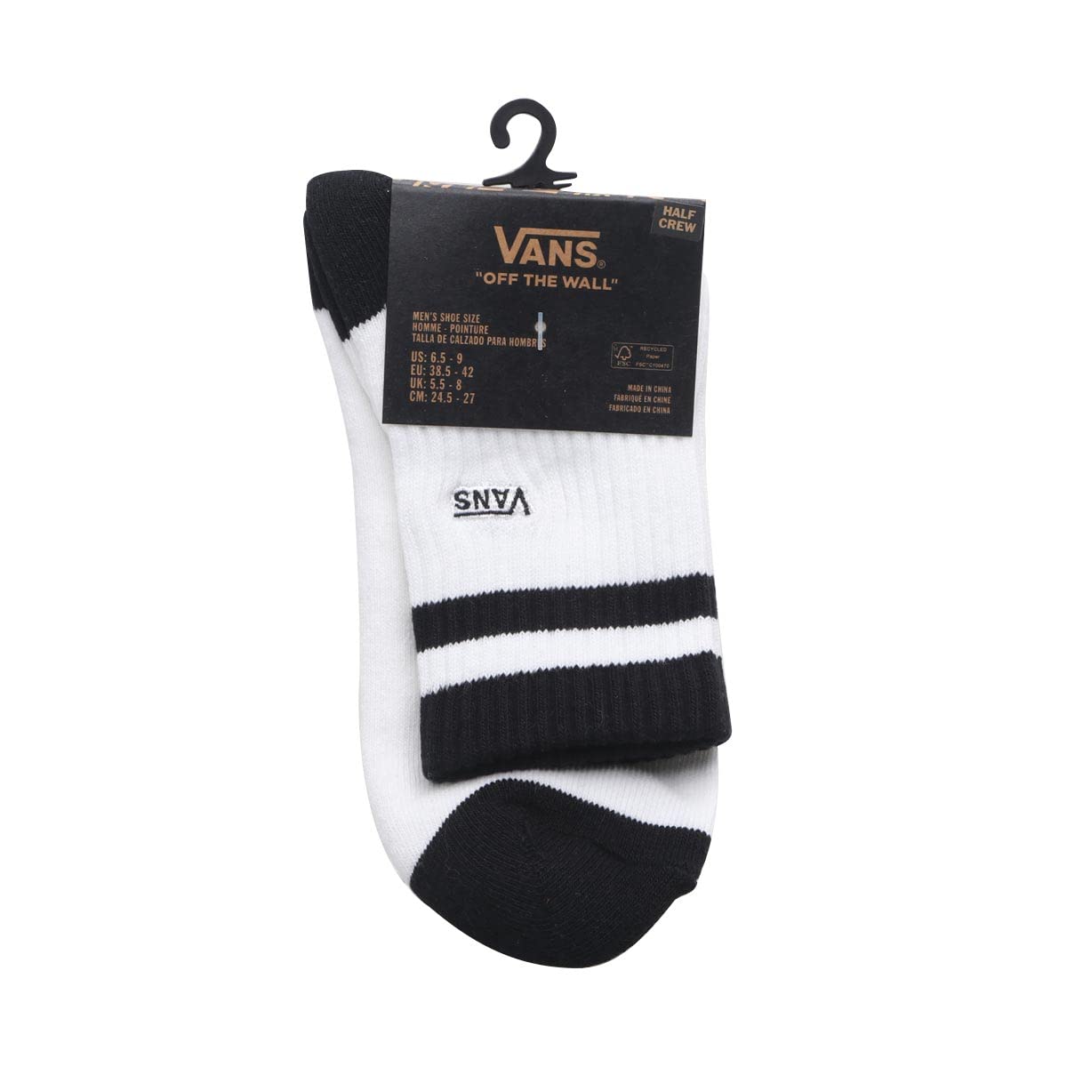 Vans Men's Half Crew Socks, White/Black (1 Pair), Size 6.5-9
