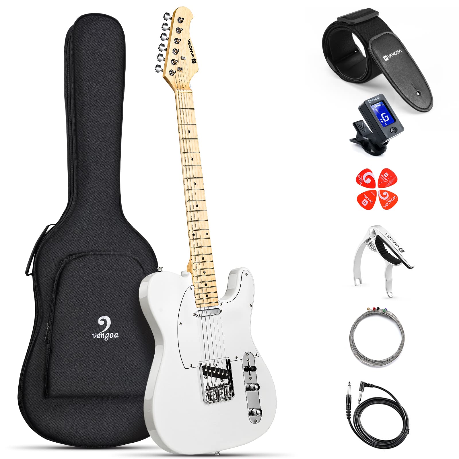 Vangoa Electric Guitar 39 Inch Full Size TELE Electric Guitar Solid Body Beginner Kit for Adult Teens with Bag, Strap, Cable, White