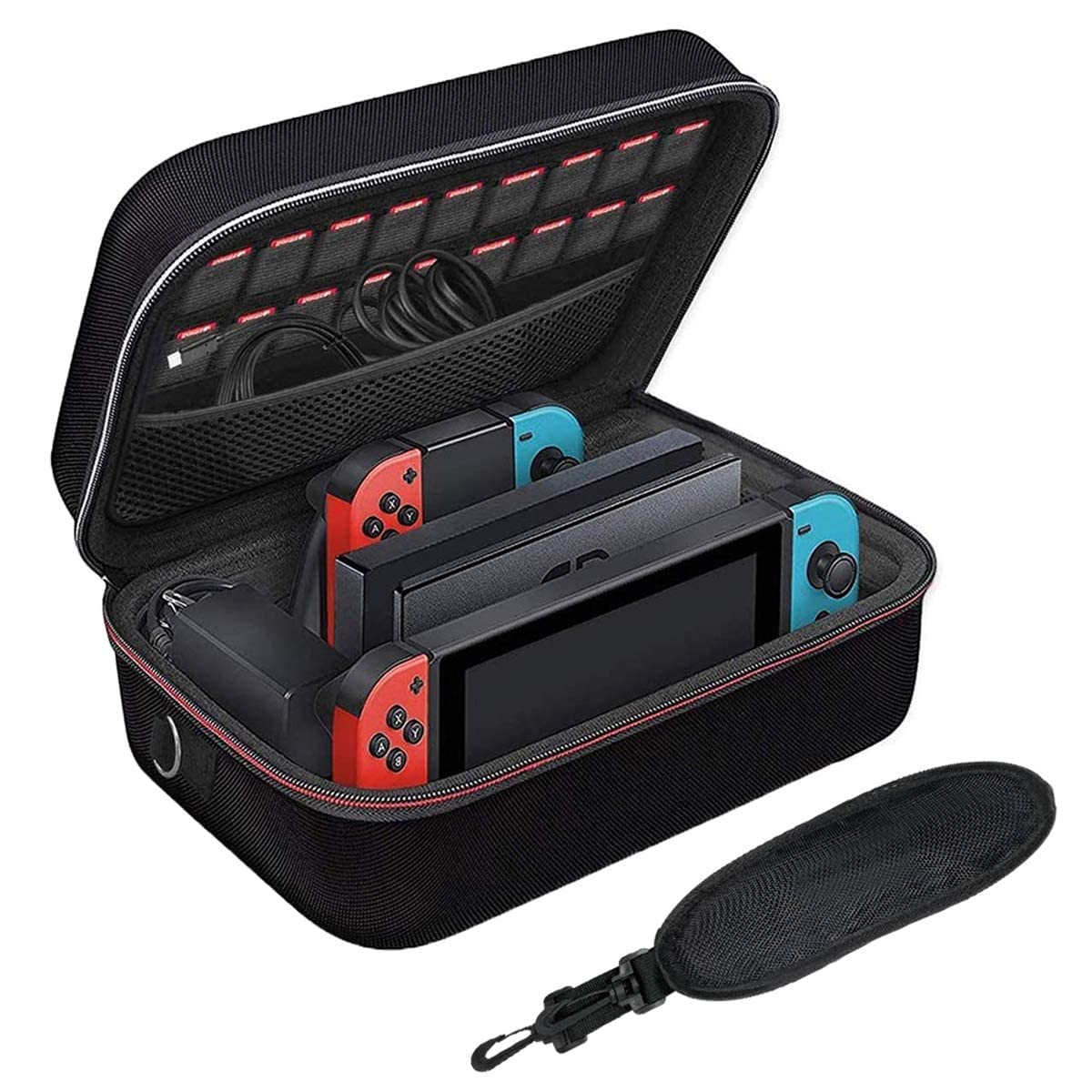 WapoRich Carrying Storage Case for Nintendo Switch , Protective Hard Portable EVA Travel Carry Case Storage Shell for Nintendo Switch Protective Case Soft Lining 18 Games with Shoulder Strap - Black