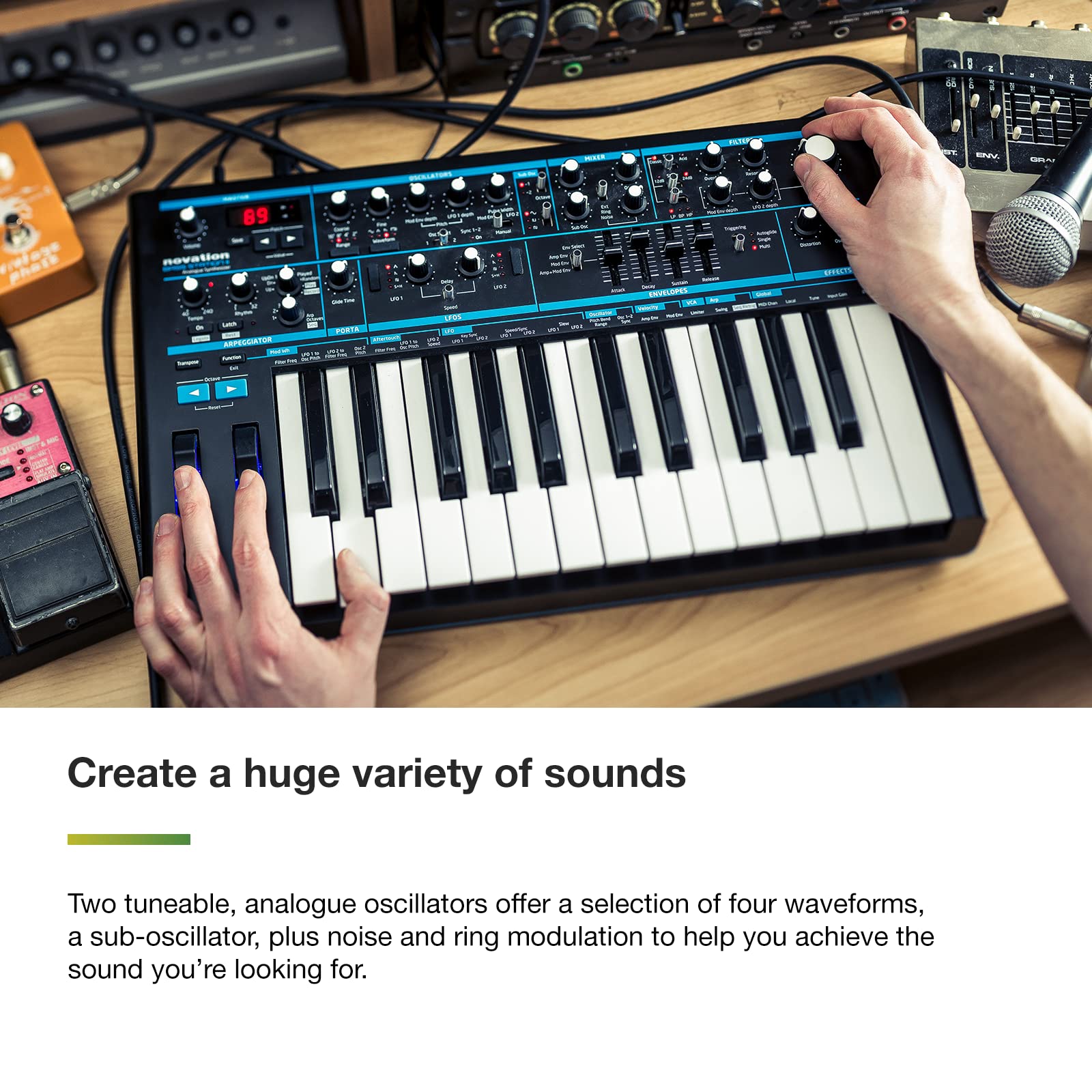 Novation Bass Station II Analog Monosynth β includes 64 factory patches, pattern-based step sequencer and arpeggiator, two oscillators plus an additional sub oscillator.