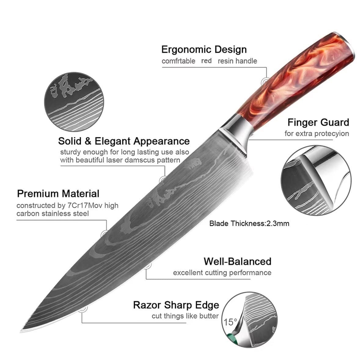 YIEUS Chef Knife 8 inch with Leather Sheath, German High Carbon Stainless Steel, Super Sharp Professional Meat Kitchen Knife, Ergonomic Resin Handle and Gift Box