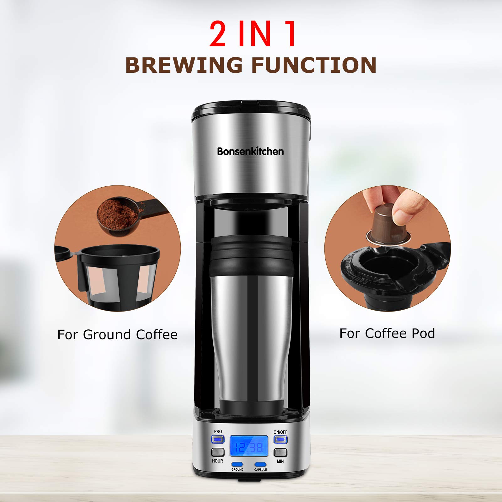 Programmable Single Serve Coffee Makers With Portable Travel Mug Compatible with K Cup Pod & Coffee Ground, Mini 2-In-1 Coffee Machines with Brew Strength Control, Personal Compact Coffee Brewer 14 Oz