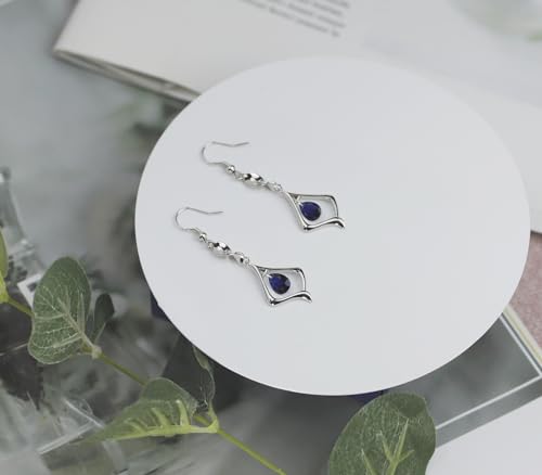 POLITENY Silver Dangle Drop Earrings for women hypoallergenic 14k Gold Plataed (sapphire blue)
