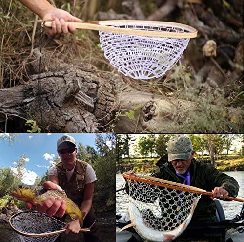 Mounchain Fishing Net Fly Fishing Landing Net, Wooden Frame Fish Net with Soft Rubber Mesh for Trout Catch and Release Net Gifts for Father Men