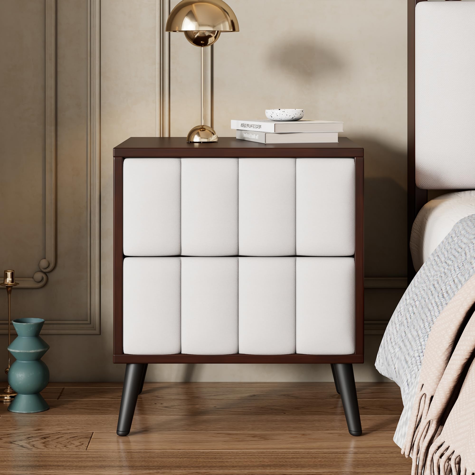 Modern Nightstand with 2 Drawers,Wood+Linen Bedside Table with Classic Design,Side Table for Bedroom,Living Room(Walnut+Beige)