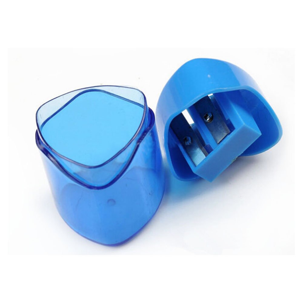 Mega Set Of 12 Double Hole Triangular Shaped Pencil Sharpener With Cover and Receptacle! Comes In 4 Colors- Red, Blue, Yellow, and Green!