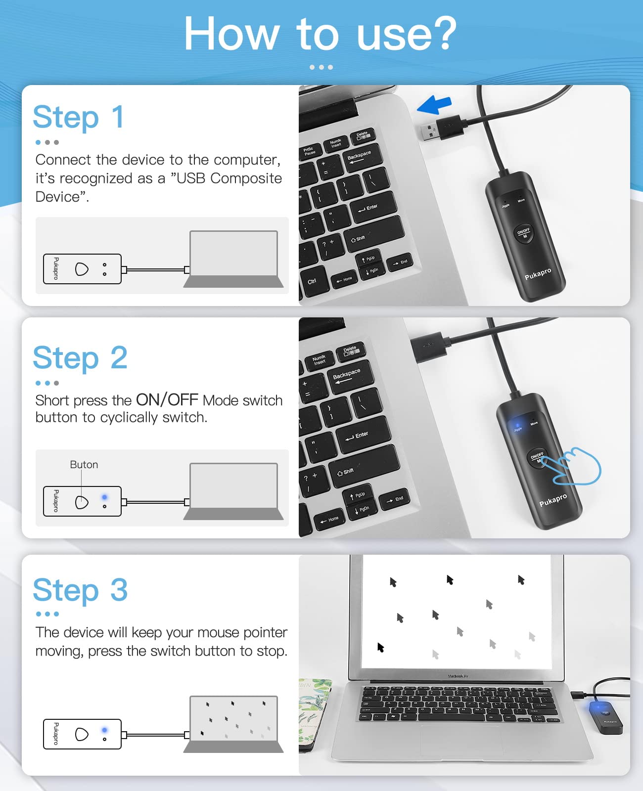 Pukapro Mouse Jiggler Undetectable Mouse Mover Wiggler Driver-Free Automatic Mouse Shaker, Undetectable USB Mouse Jiggler with ON/Off Switch, Plug & Play- Black